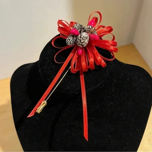 Accessories | Vintage Hat Stick Pin Red Ribbon Pinecones | Poshmark